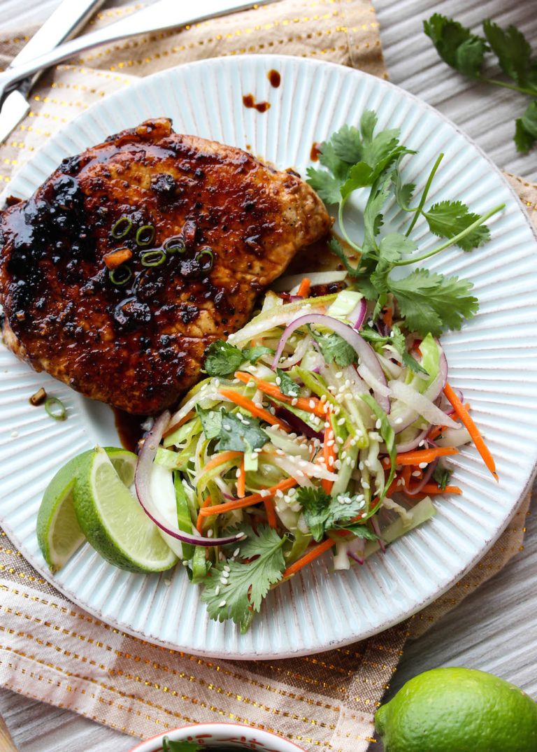 Ginger-Soy Glazed Pork Chops with Asian Pear Slaw - Dishing Out Health