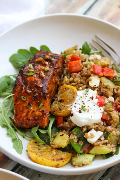 Mediterranean Salmon Bulgur Bowls - Dishing Out Health
