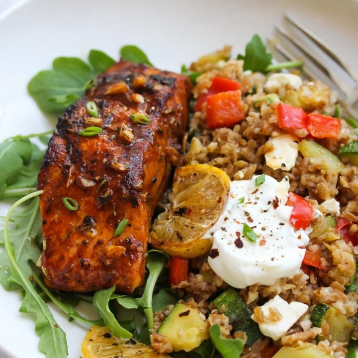 Mediterranean Salmon Bulgur Bowls - Dishing Out Health