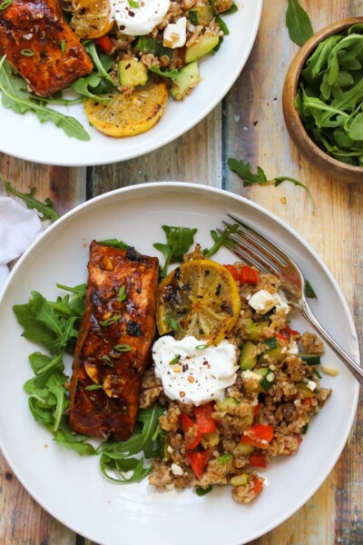 Mediterranean Salmon Bulgur Bowls - Dishing Out Health