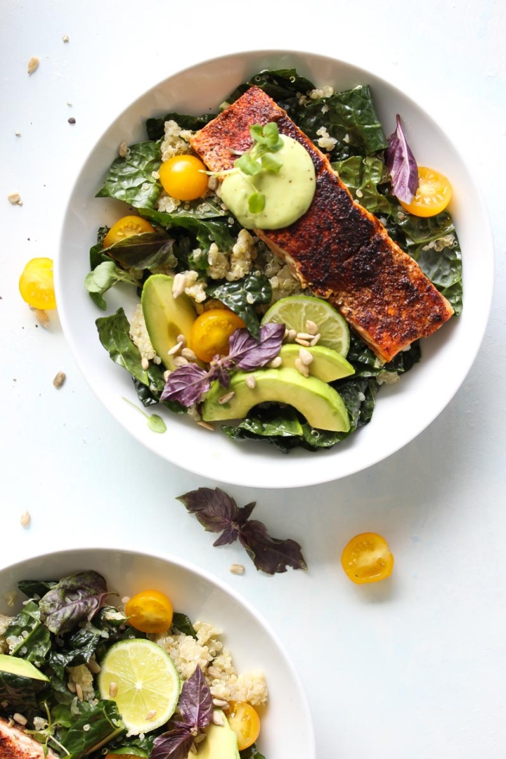 Blackened Salmon Bowls with Avocado Sauce - Dishing Out Health