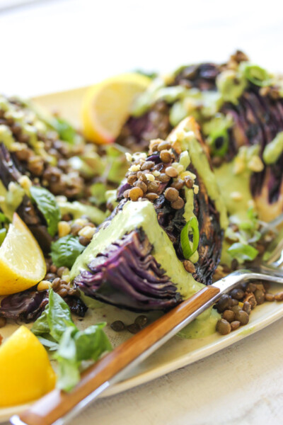 Charred Cabbage with Lentils and Green Tahini - Dishing Out Health