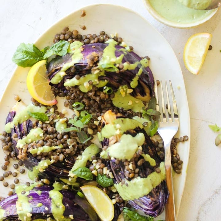 Charred Cabbage with Lentils and Green Tahini - Dishing Out Health