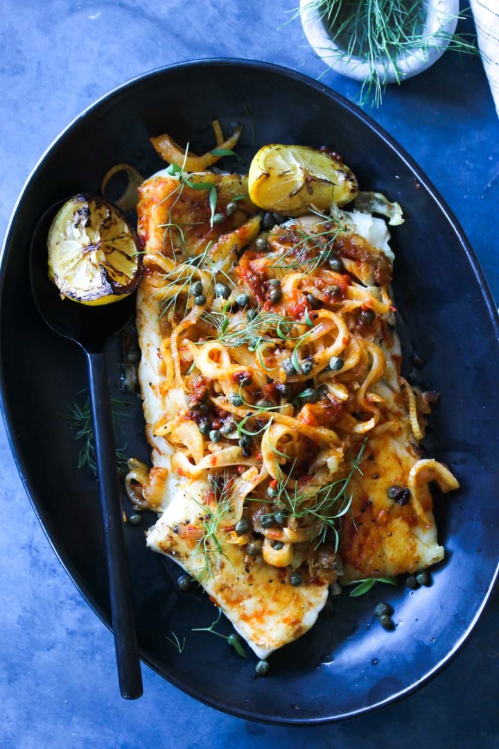 Pan-Seared White Fish with Harissa-Fennel and Capers - Dishing Out Health