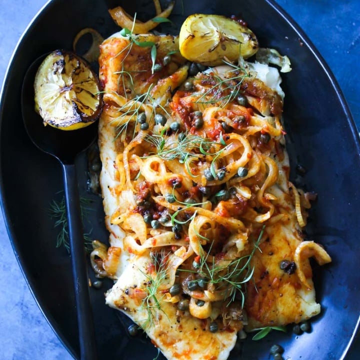 Pan-Seared White Fish with Harissa-Fennel and Capers - Dishing Out Health