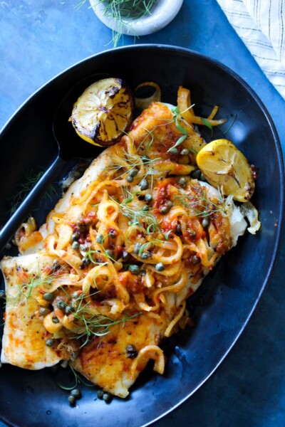 Pan-Seared White Fish with Harissa-Fennel and Capers - Dishing Out Health