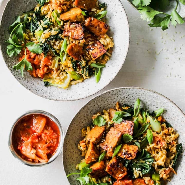 Kimchi Fried Rice with Sesame-Braised Tempeh - Dishing Out Health