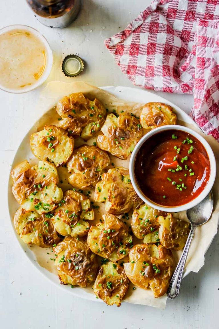 Salt-and-Vinegar Smashed Potatoes with Miso Ketchup - Dishing Out Health