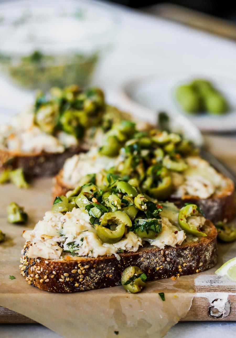 Cheesy Tuna Toasts with Olive Salsa - Dishing Out Health