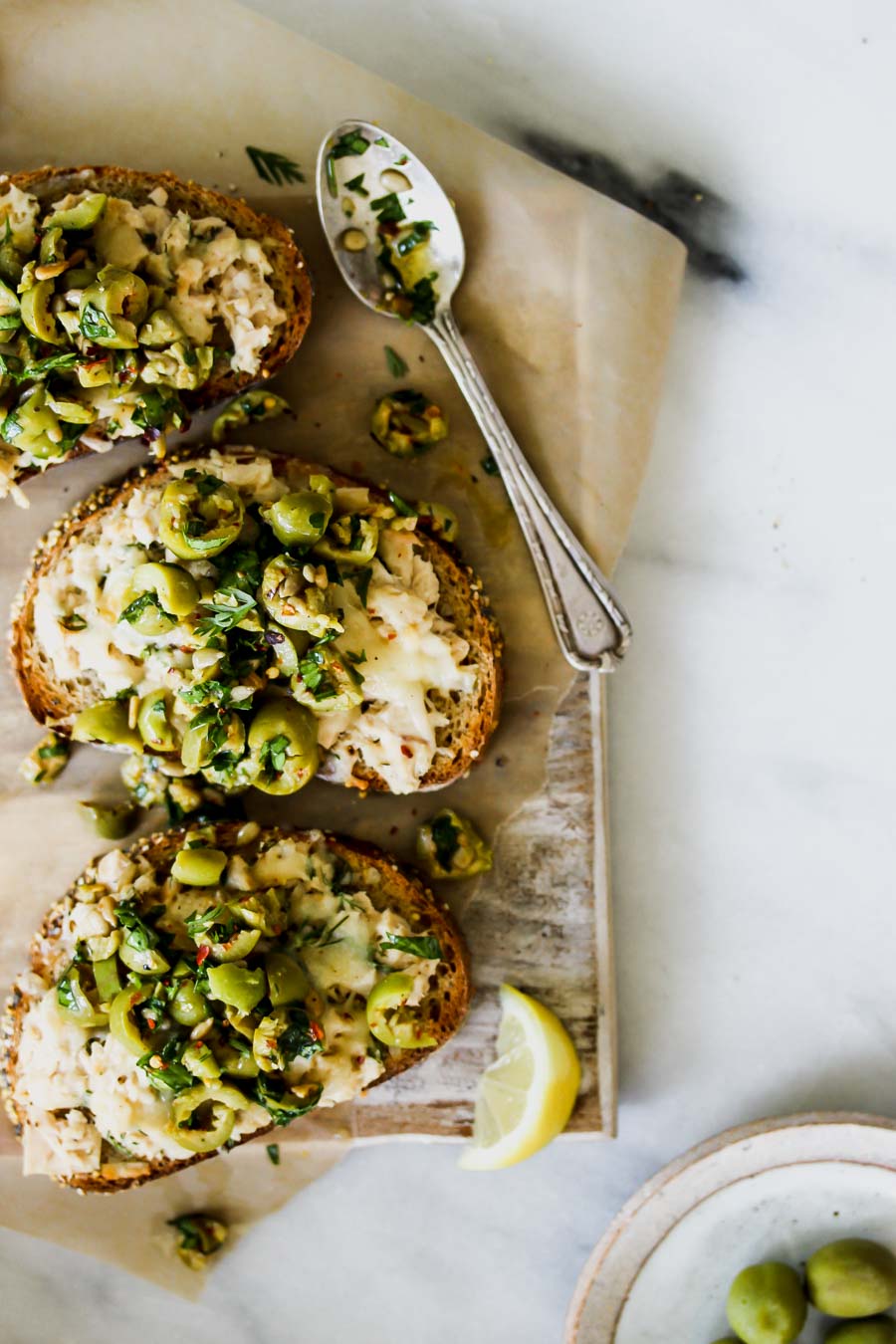 Cheesy Tuna Toasts with Olive Salsa - Dishing Out Health