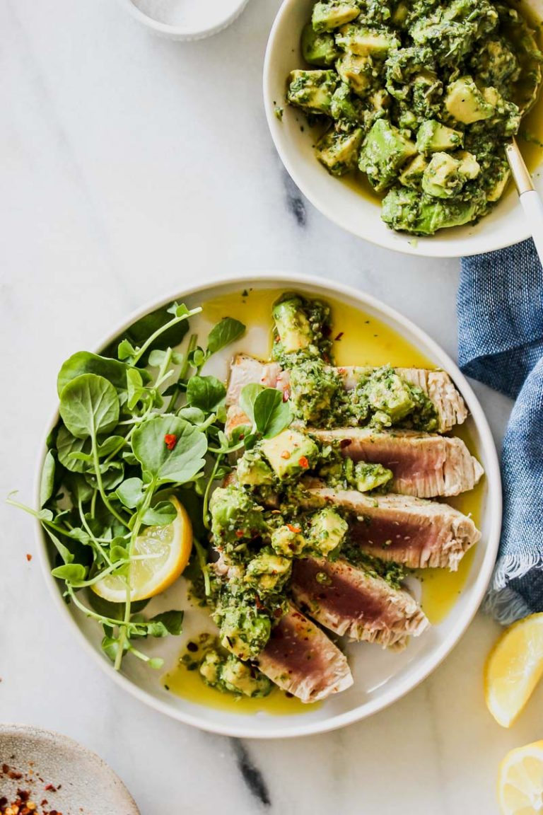 Seared Tuna with Avocado Salsa Verde - Dishing Out Health