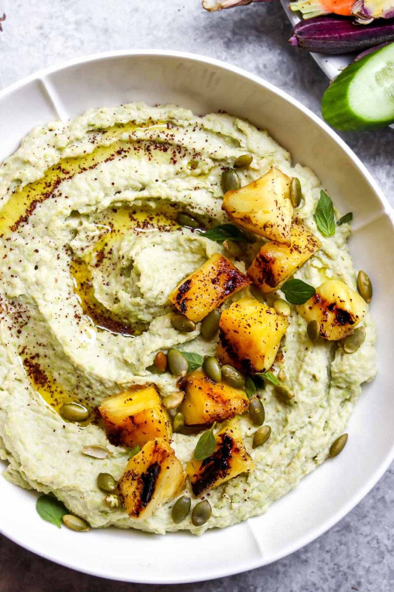 Edamame Hummus with Sumac-Grilled Pineapple - Dishing Out Health