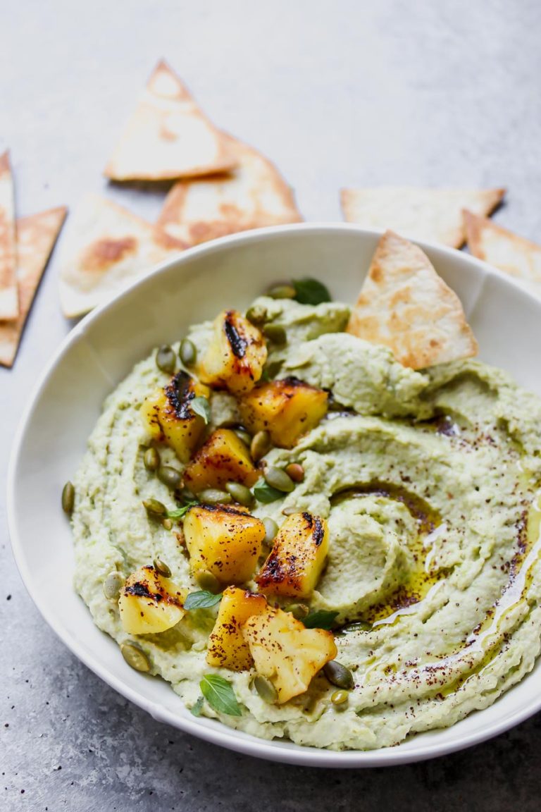 Edamame Hummus with Sumac-Grilled Pineapple - Dishing Out Health