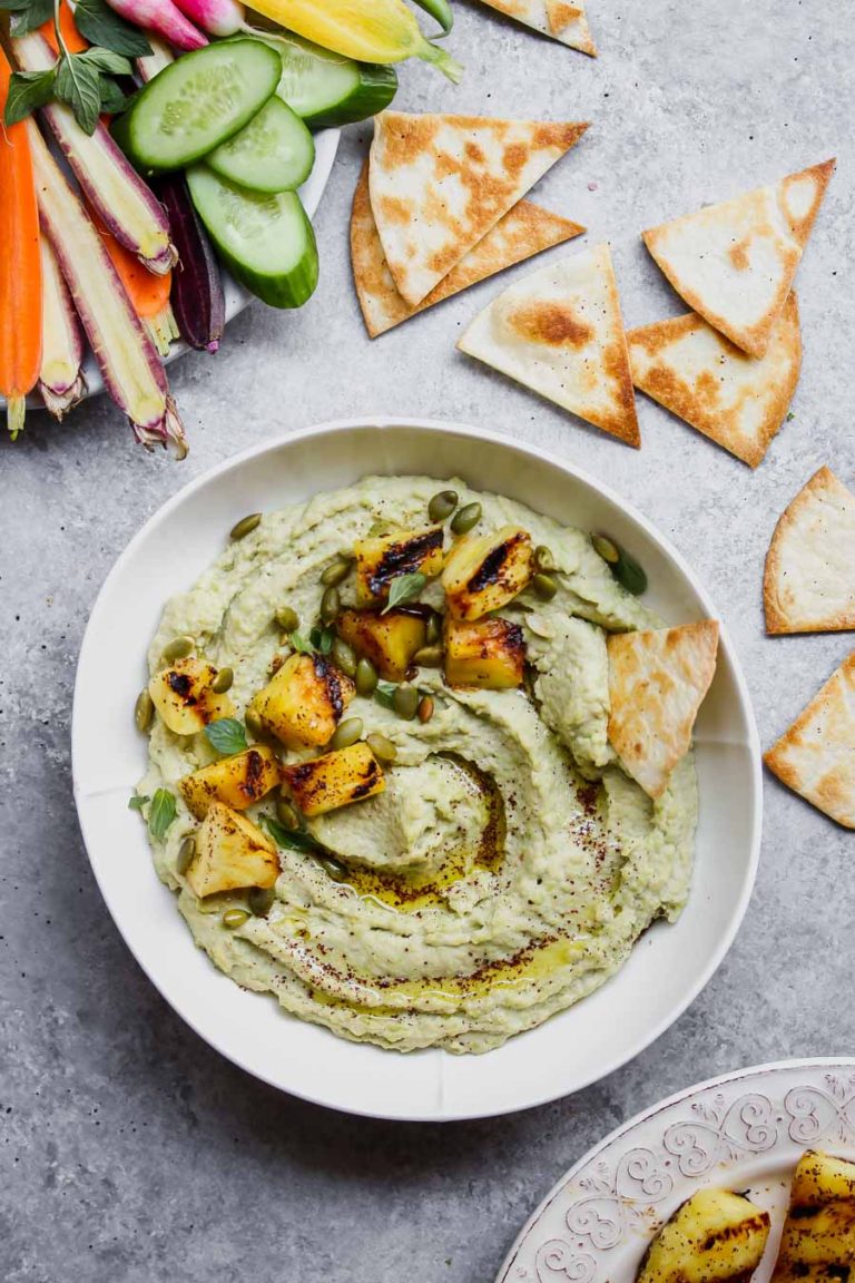 Edamame Hummus with Sumac-Grilled Pineapple - Dishing Out Health