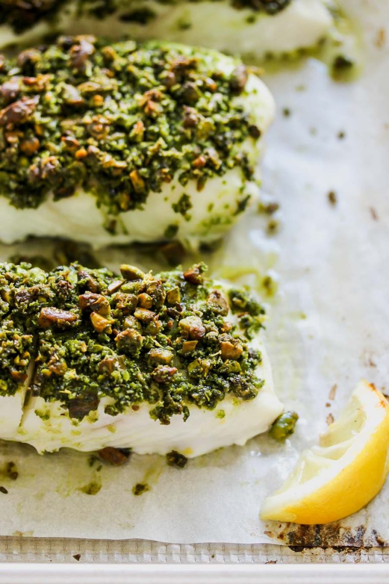 Matcha-Pistachio Crusted White Fish - Dishing Out Health