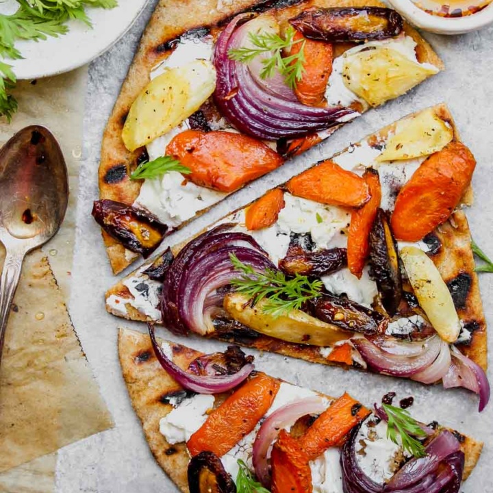 Root Vegetable and Goat Cheese Mini Pizzas with Chili Honey - Dishing ...