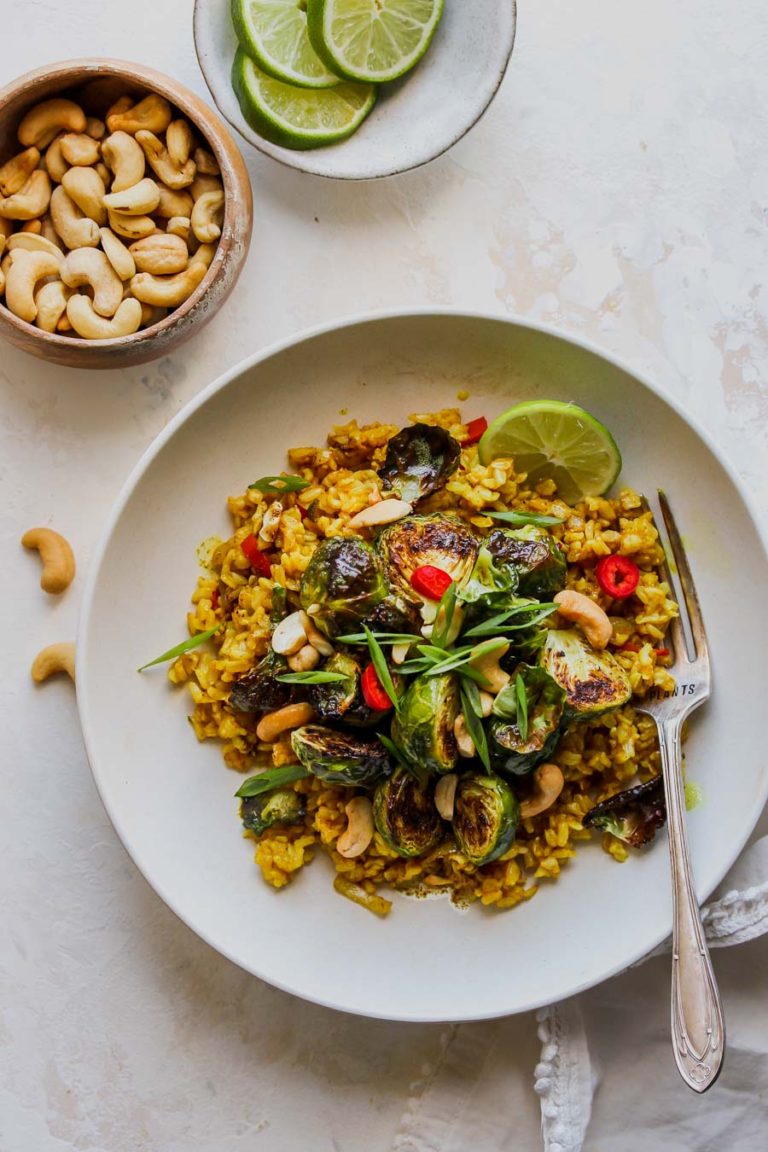 Curried Brown Butter Rice Bowls with Crispy Sprouts - Dishing Out Health
