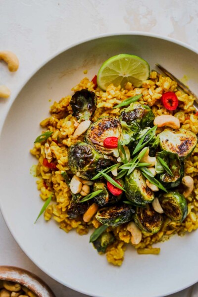 Curried Brown Butter Rice Bowls with Crispy Sprouts - Dishing Out Health