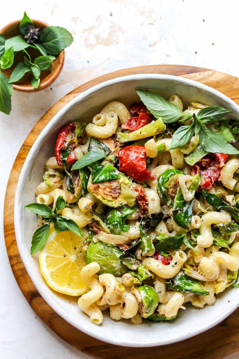 30 Minute Creamy Goat Cheese Pasta with Brussels - Dishing Out Health
