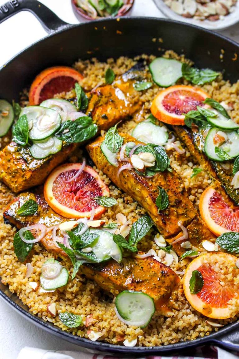 Turmeric-Glazed Salmon and Bulgur Skillet - Dishing Out Health