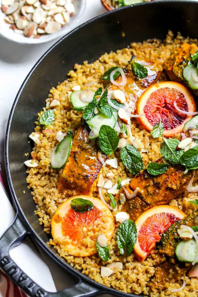 Turmeric-Glazed Salmon and Bulgur Skillet - Dishing Out Health
