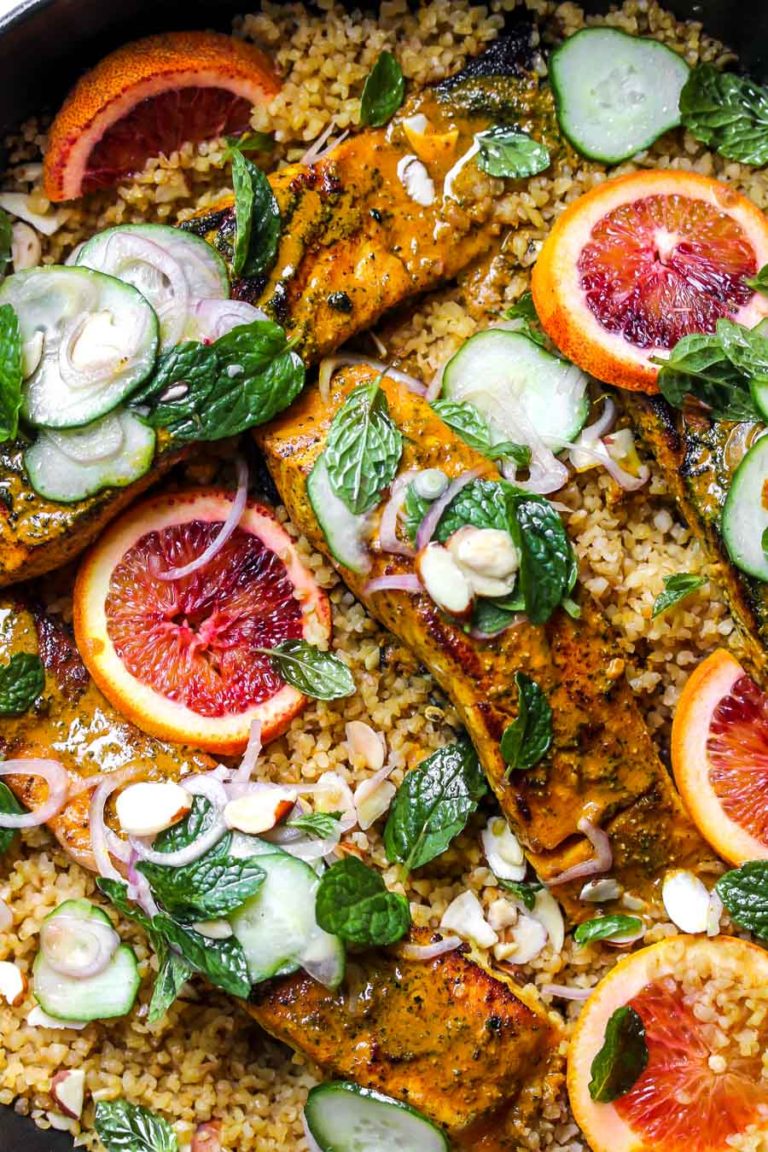 Turmeric-Glazed Salmon and Bulgur Skillet - Dishing Out Health