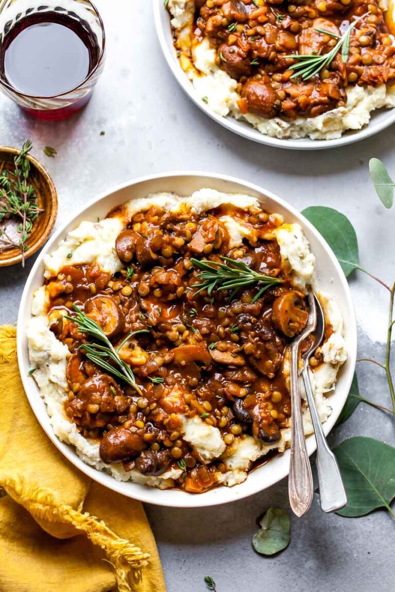 Lentil and Mushroom Stew over Potato-Parsnip Mash - Dishing Out Health
