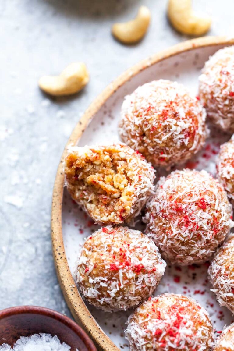 Strawberries and Cream Energy Balls - Dishing Out Health
