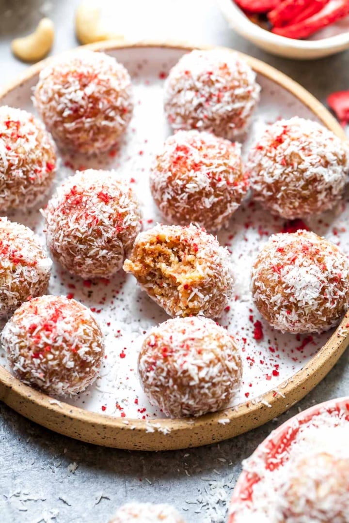 Strawberries and Cream Energy Balls - Dishing Out Health