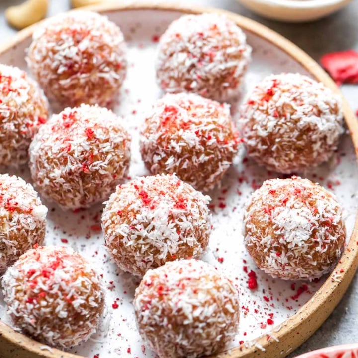 Strawberries and Cream Energy Balls - Dishing Out Health