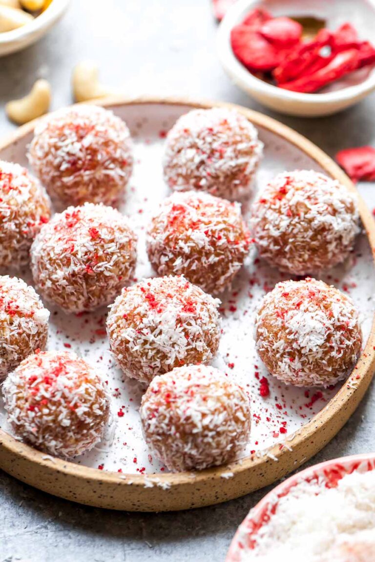 Strawberries and Cream Energy Balls - Dishing Out Health