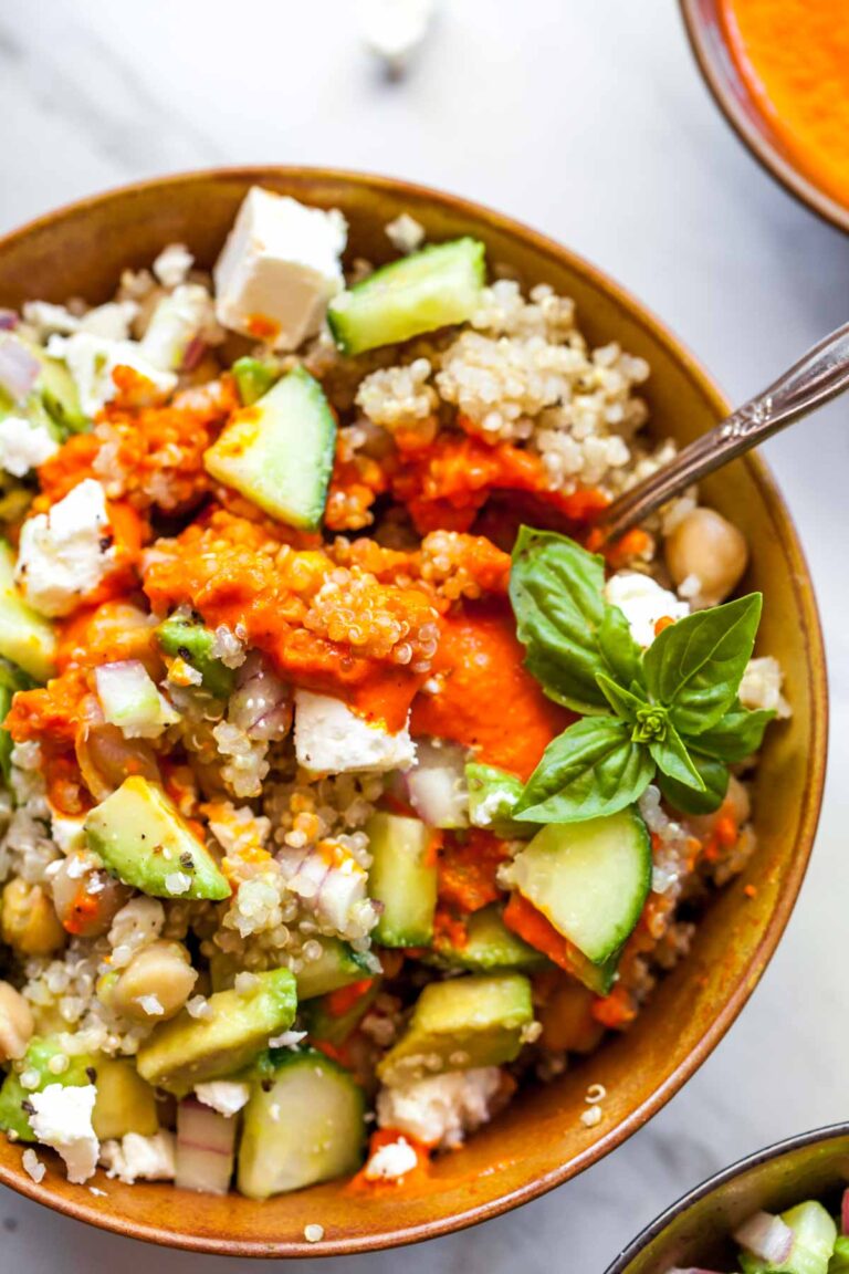 Mediterranean Power Bowls with Red Pepper Sauce - Dishing Out Health