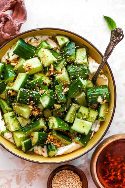 Cucumber-Sesame Salad with Garlicky Chili Oil - Dishing Out Health