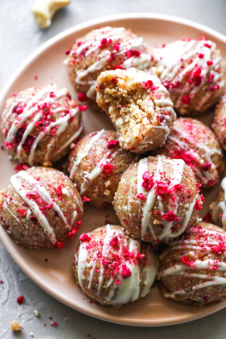 Raspberry White Chocolate Energy Balls - Dishing Out Health