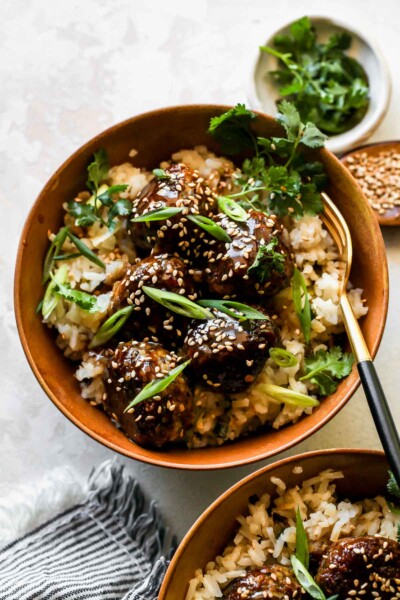 Chili-Soy Mushroom Meatballs with Ginger-Scallion Rice - Dishing Out Health
