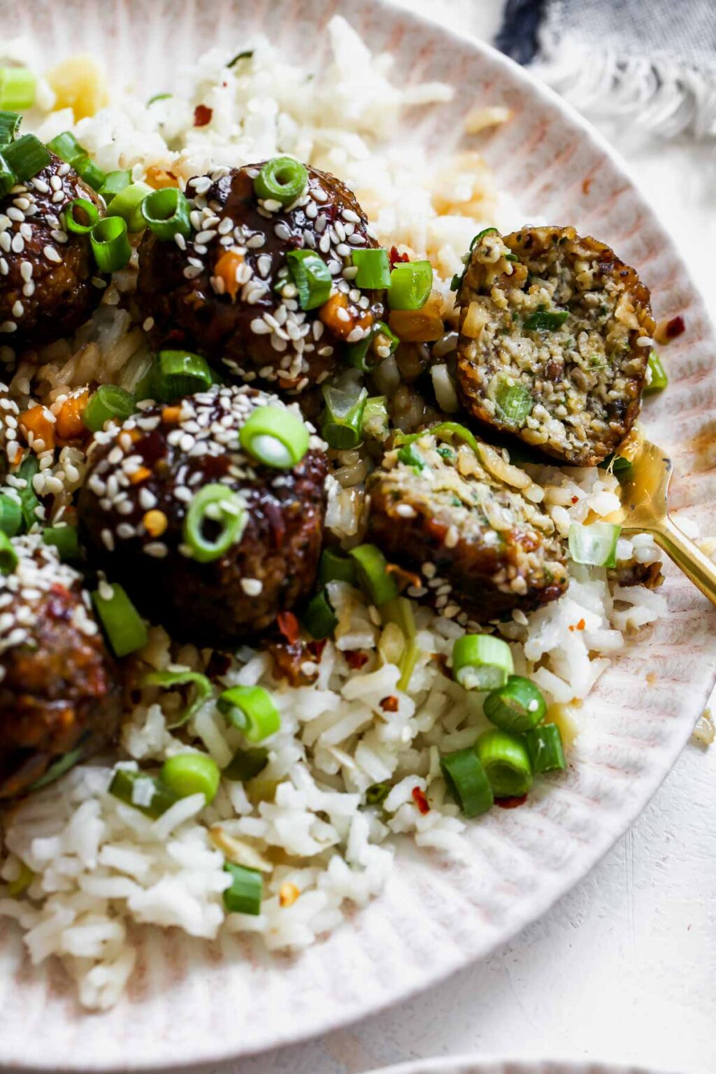 Chili-Soy Mushroom Meatballs with Ginger-Scallion Rice - Dishing Out Health