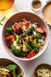 Sesame Salmon Rice Bowl with Ginger Sauce - Dishing Out Health