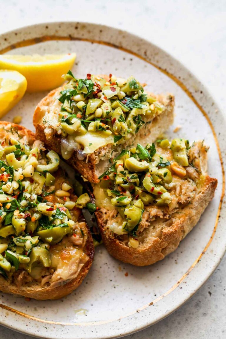 Cheesy Tuna Toasts with Olive Salsa - Dishing Out Health