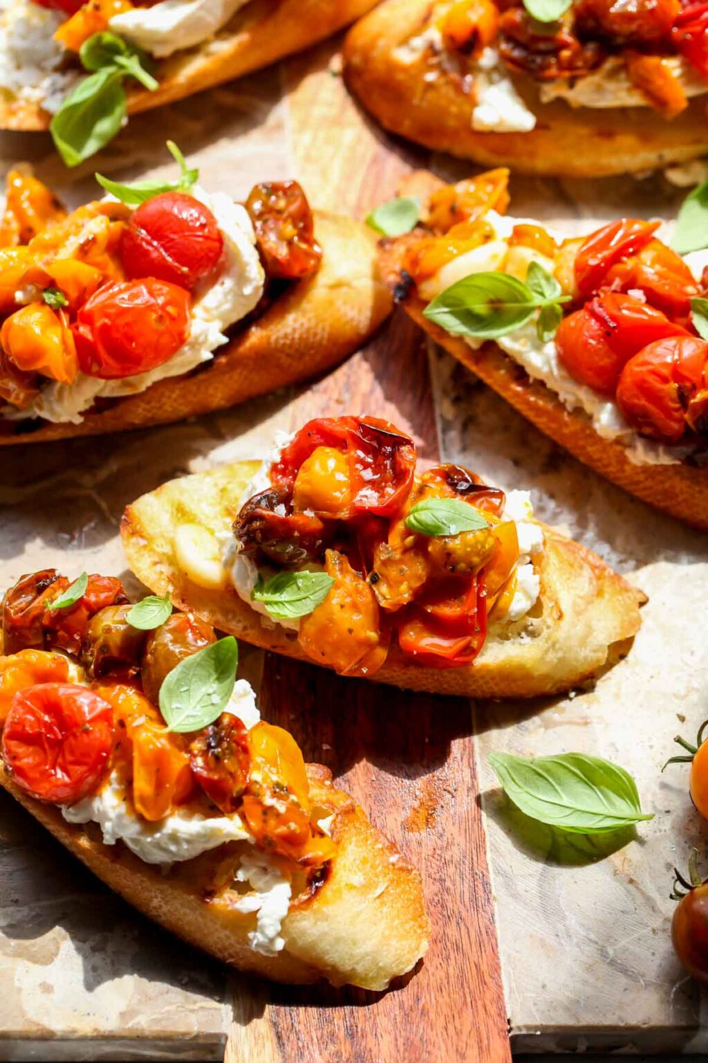 Roasted Tomato Burrata Bruschetta - Dishing Out Health
