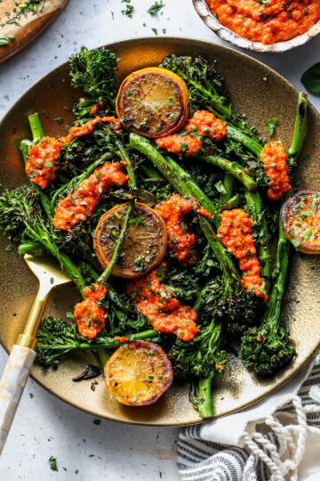 Charred Broccoli with Hazelnut Romesco - Dishing Out Health