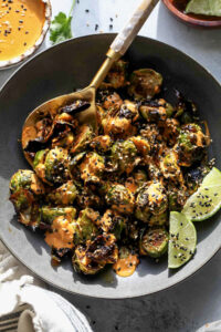 Crispy Brussels Sprouts with Kimchi Sauce - Dishing Out Health