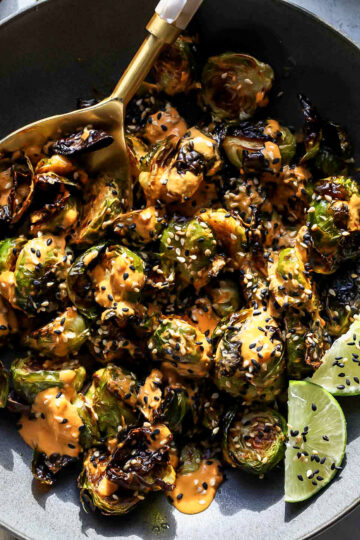 Crispy Brussels Sprouts with Kimchi Sauce - Dishing Out Health