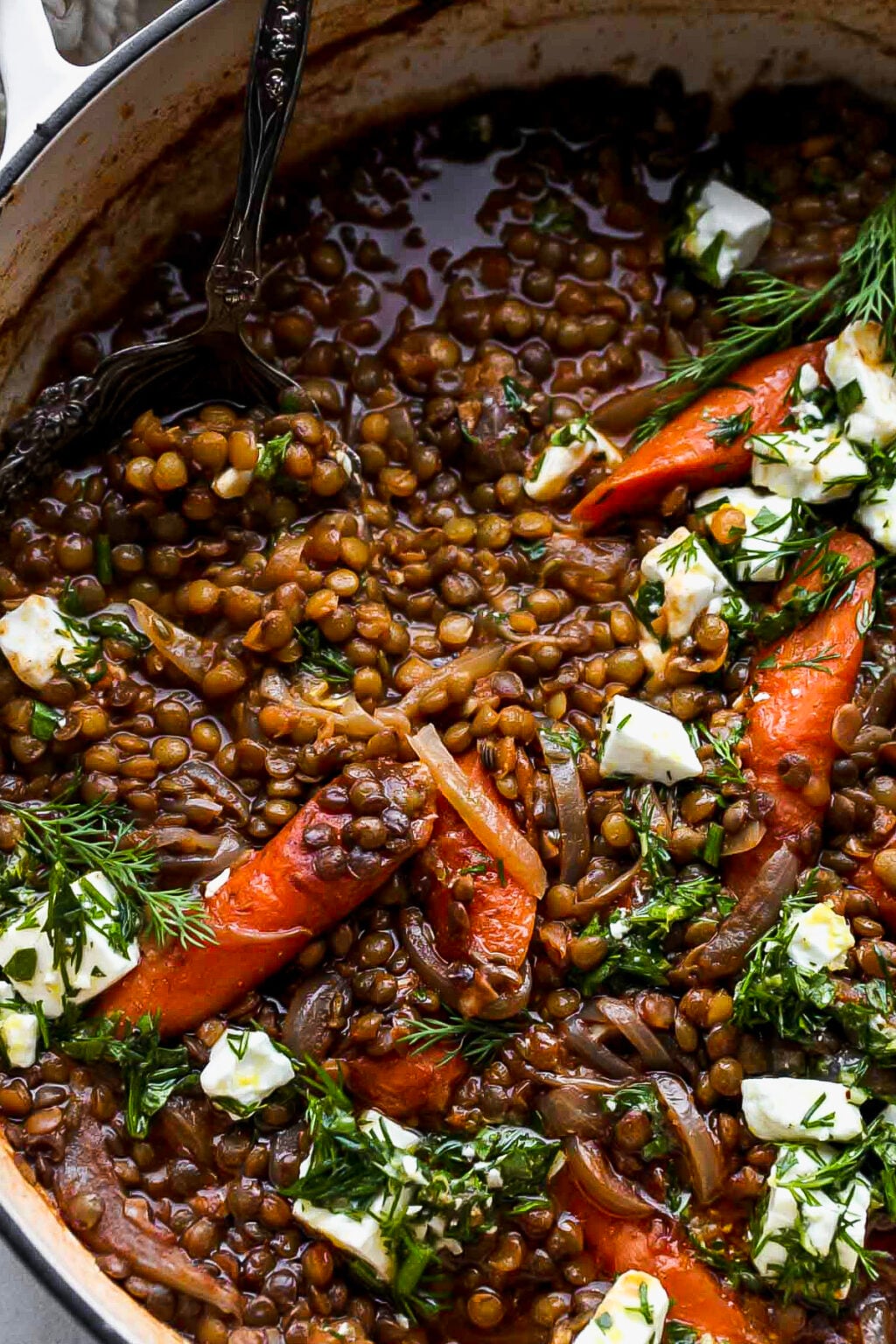 Stewed Lentils with Marinated Feta - Dishing Out Health