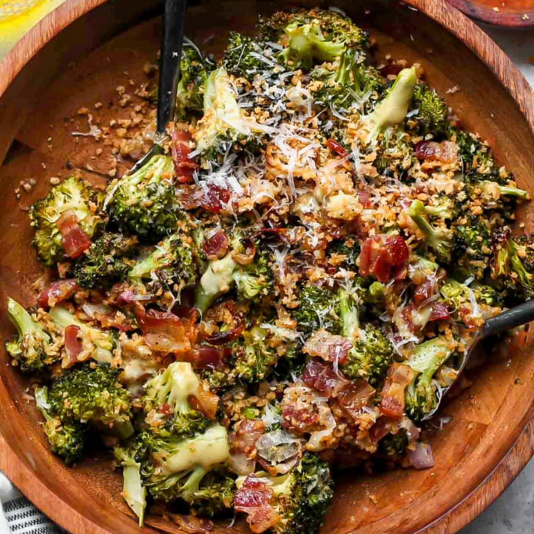 Roasted Broccoli Salad with Miso-Caesar Dressing - Dishing Out Health