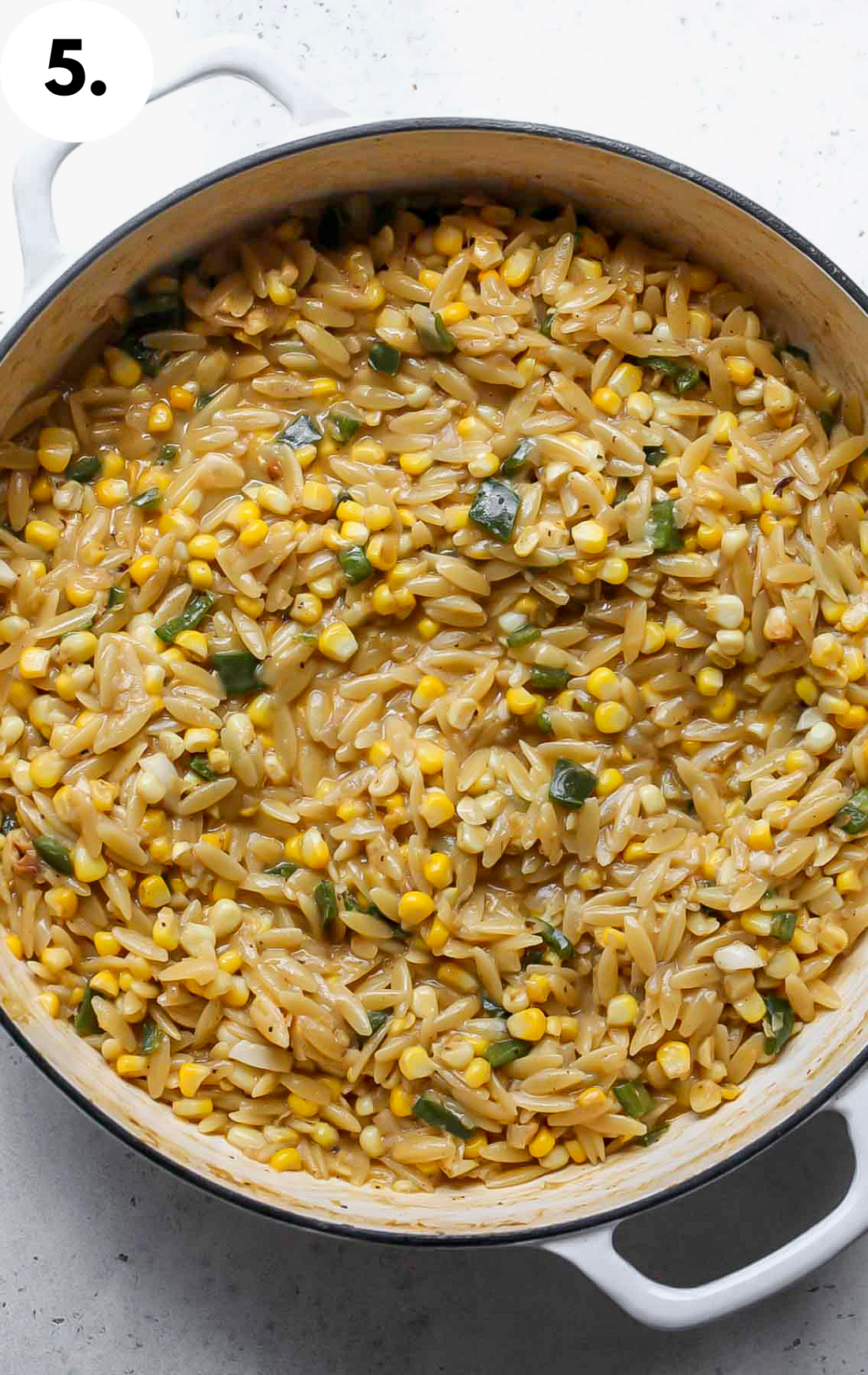 One Pan Creamed Corn Orzo with Shrimp - Dishing Out Health