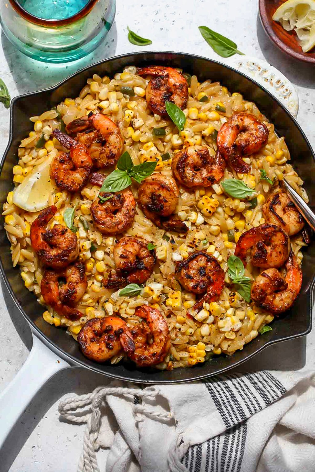 One Pan Creamed Corn Orzo with Shrimp - Dishing Out Health