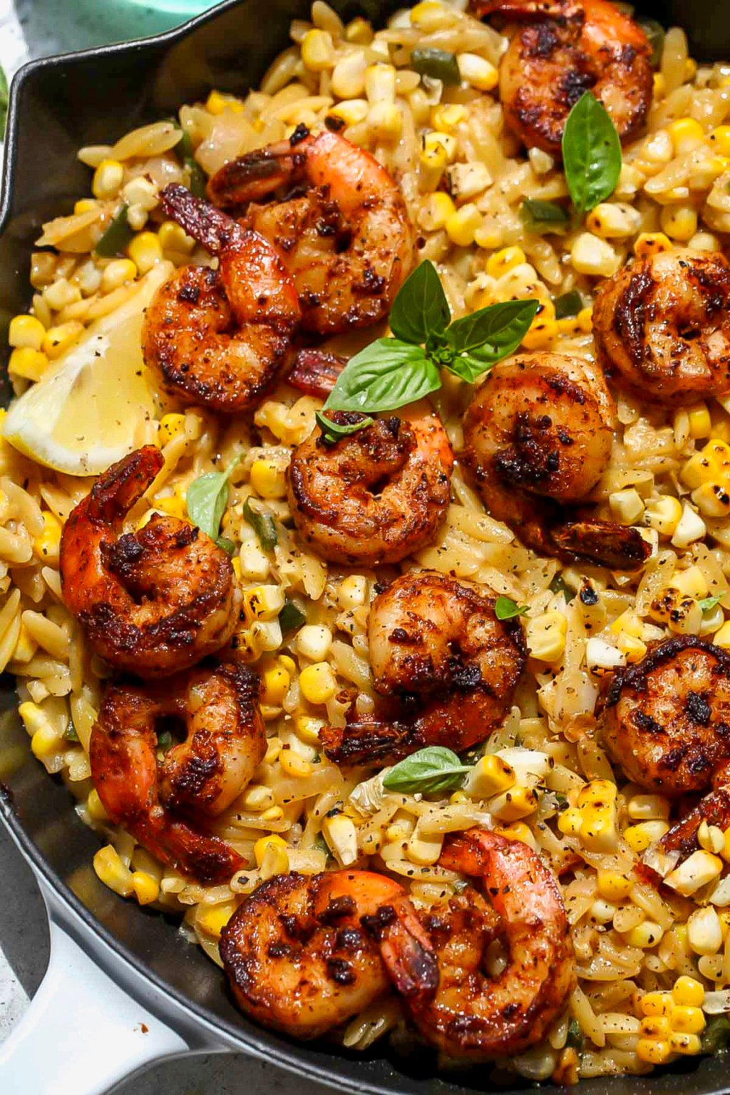 One Pan Creamed Corn Orzo with Shrimp - Dishing Out Health