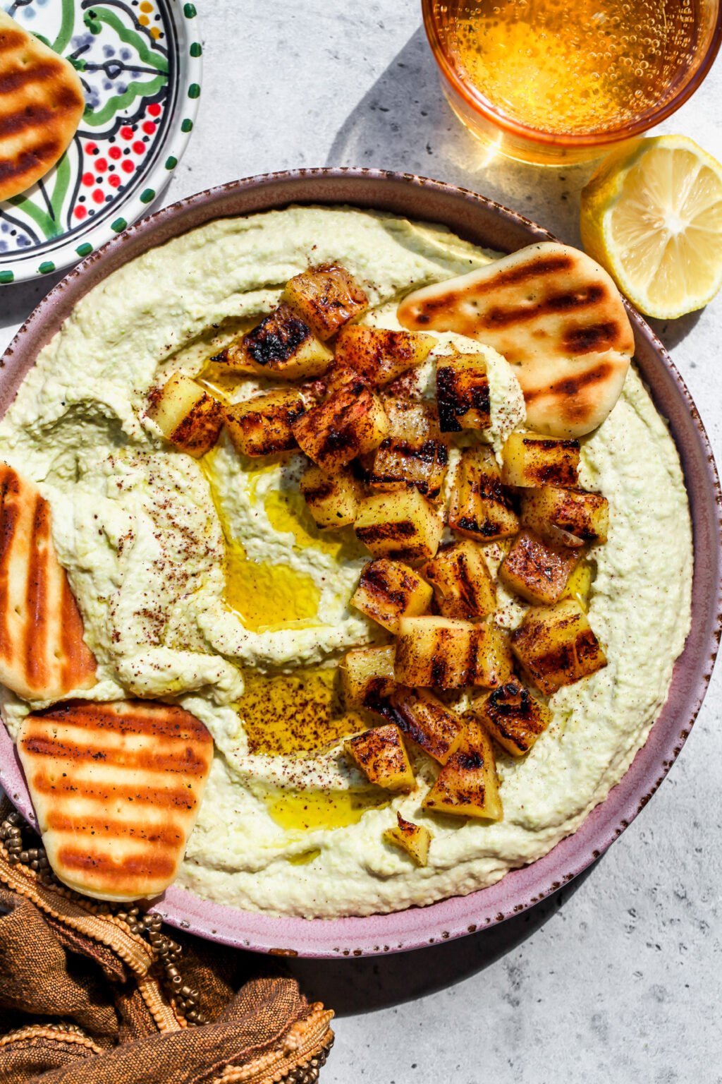 Edamame Hummus with Sumac-Grilled Pineapple - Dishing Out Health