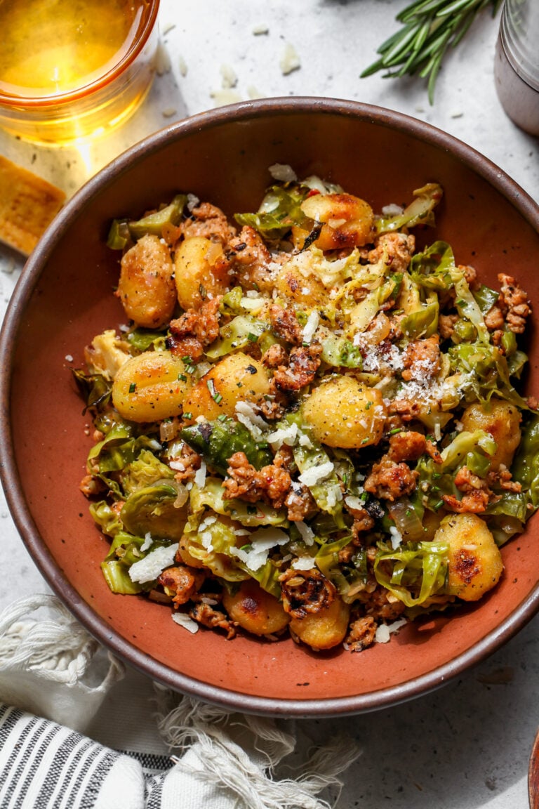One Pan Crispy Gnocchi with Sausage and Brussels - Dishing Out Health