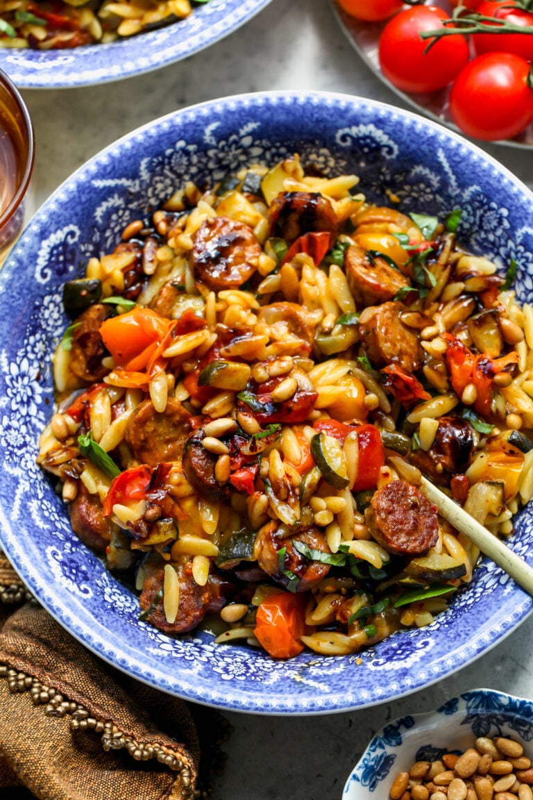 One Pan Chicken Sausage Orzo with Burst Tomatoes - Dishing Out Health